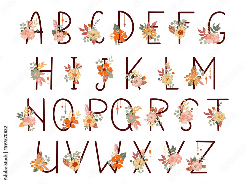 Vector hand drawn font with flowers.Set of ABCD uppercase letters ...