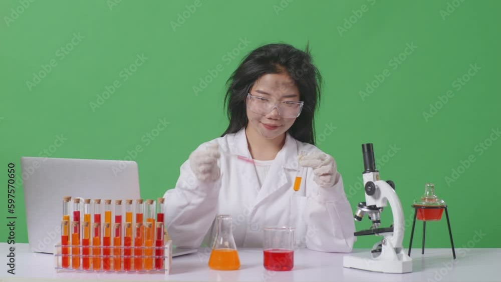 Crazy Asian Woman Scientist Making Experiment With Test Tube And ...