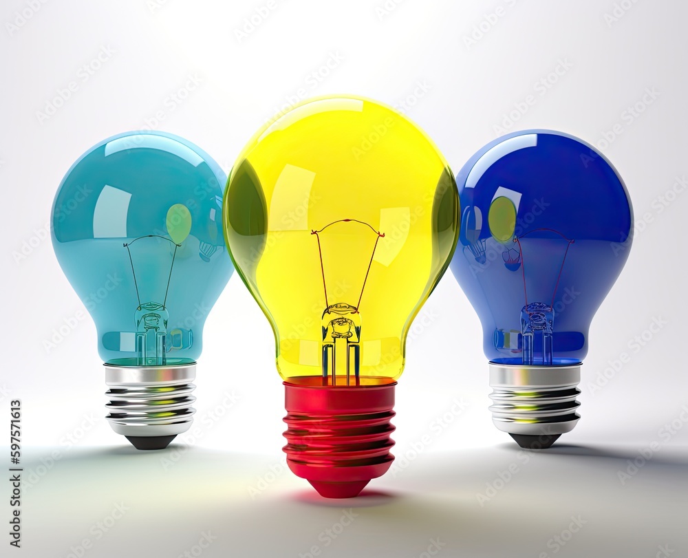 Colored light bulbs on a light background. Bright ideas concept ...