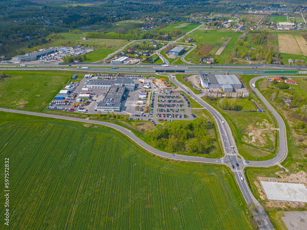 Logistics park with warehouse. Semi-trailers trucks standing on car ...