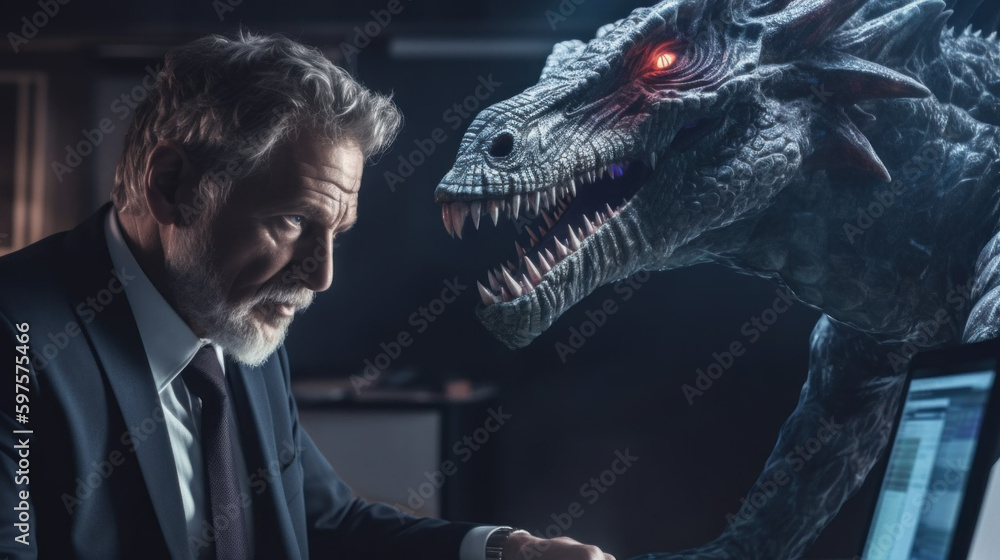 Stress at work in the form of a monster chasing a businessman. The ...