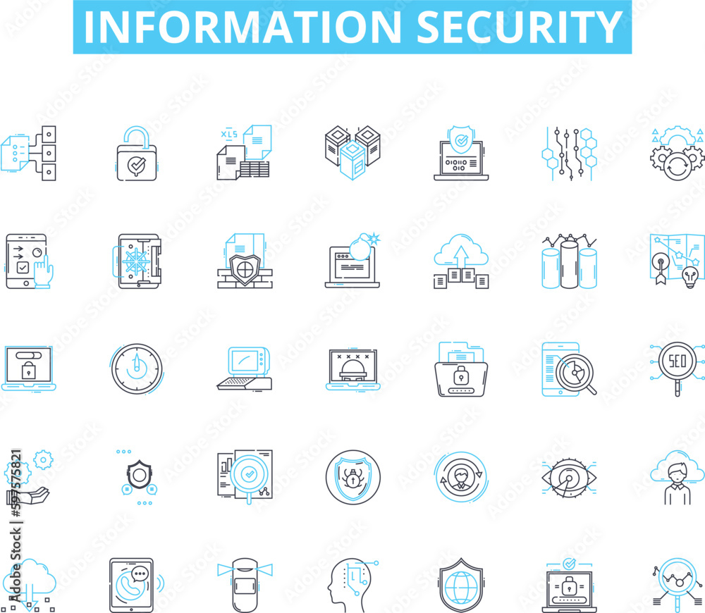 Information security linear icons set. Encryption, Firewall, Authentication, Malware, Hacking ...