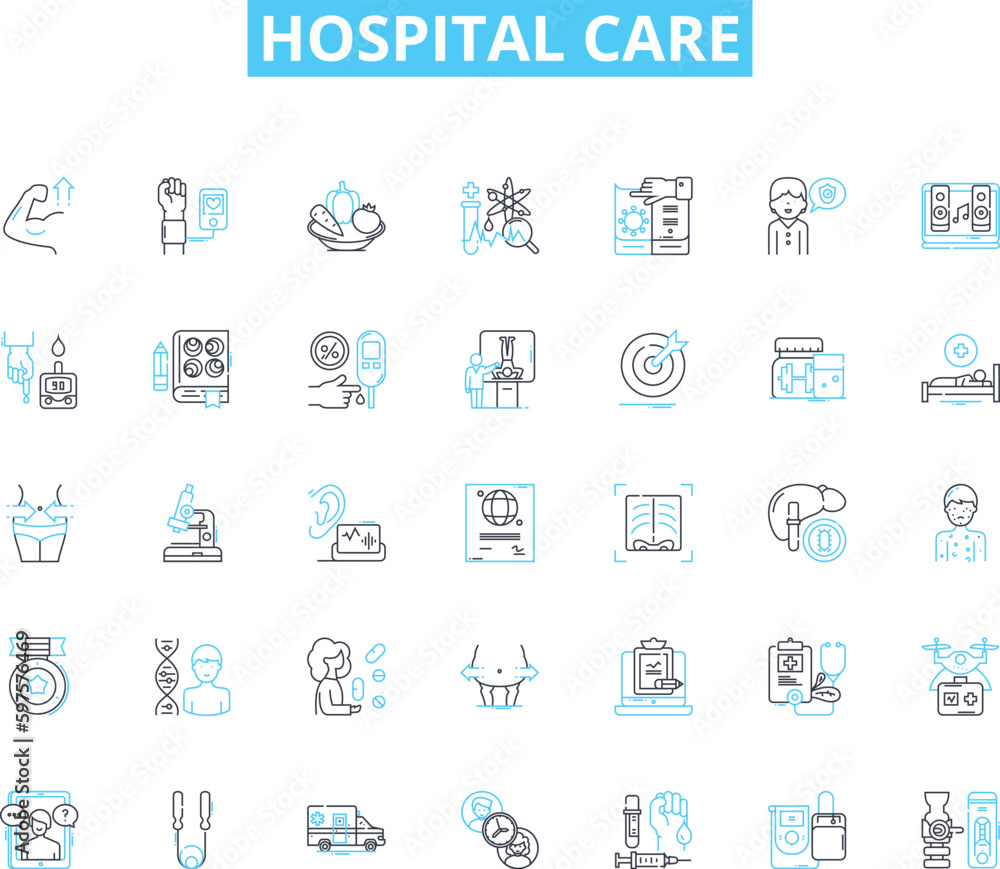 Hospital care linear icons set. Treatment, Emergency, Surgery, Medicine ...
