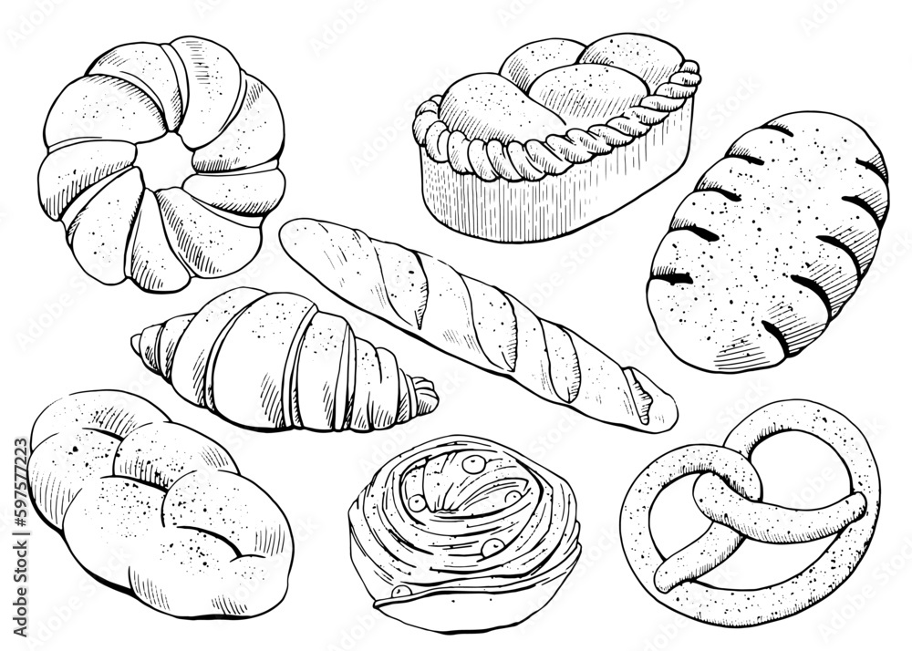 Graphic drawing of fresh baked goods. Set for printing on the packaging ...