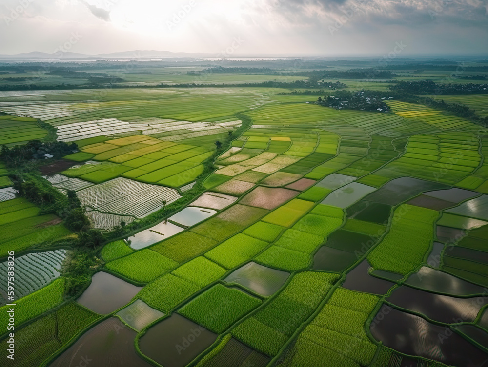 Rice meadows and fields near small Japanese village. Aerial view from ...