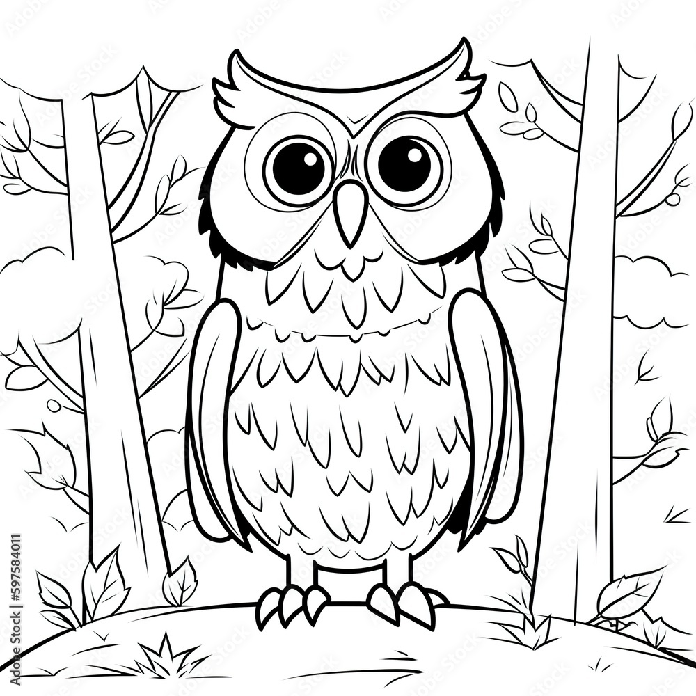 Kids coloring page of an owl in the forest that is blank and ...