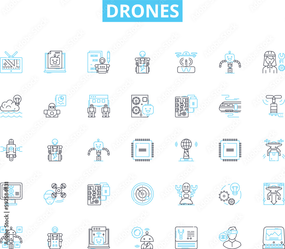 Drones linear icons set. Flying, Quadcopters, Remote-controlled ...