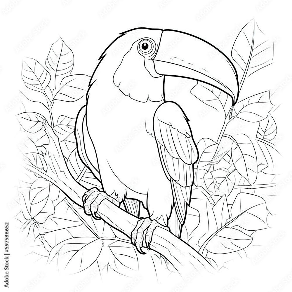 Kids coloring page of a toucan in the forest that is blank and ...