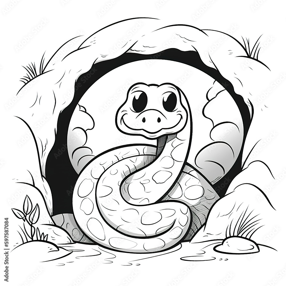 Kids coloring page of a snake in the cave that is blank and ...