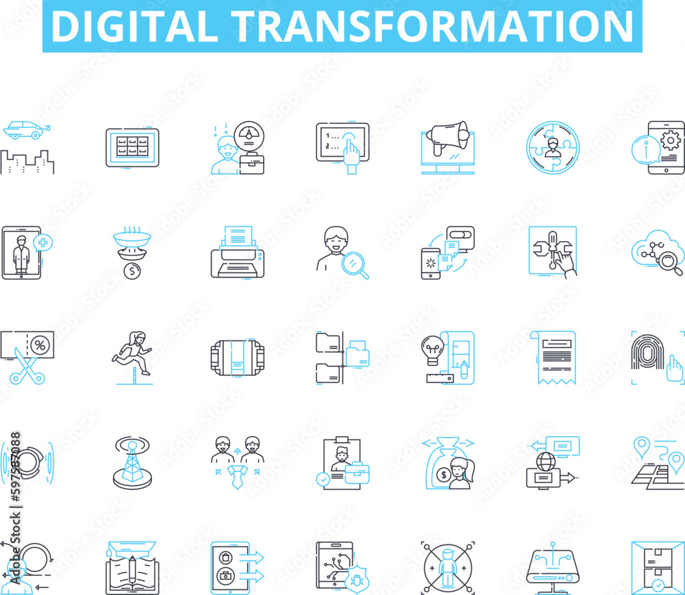 Digital transformation linear icons set. Disruption, Innovation ...