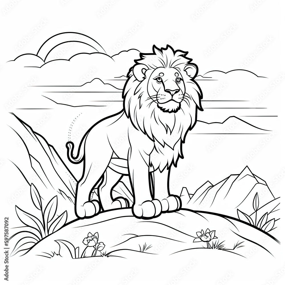 Kids coloring page of a lion on the hill that is blank and downloadable ...