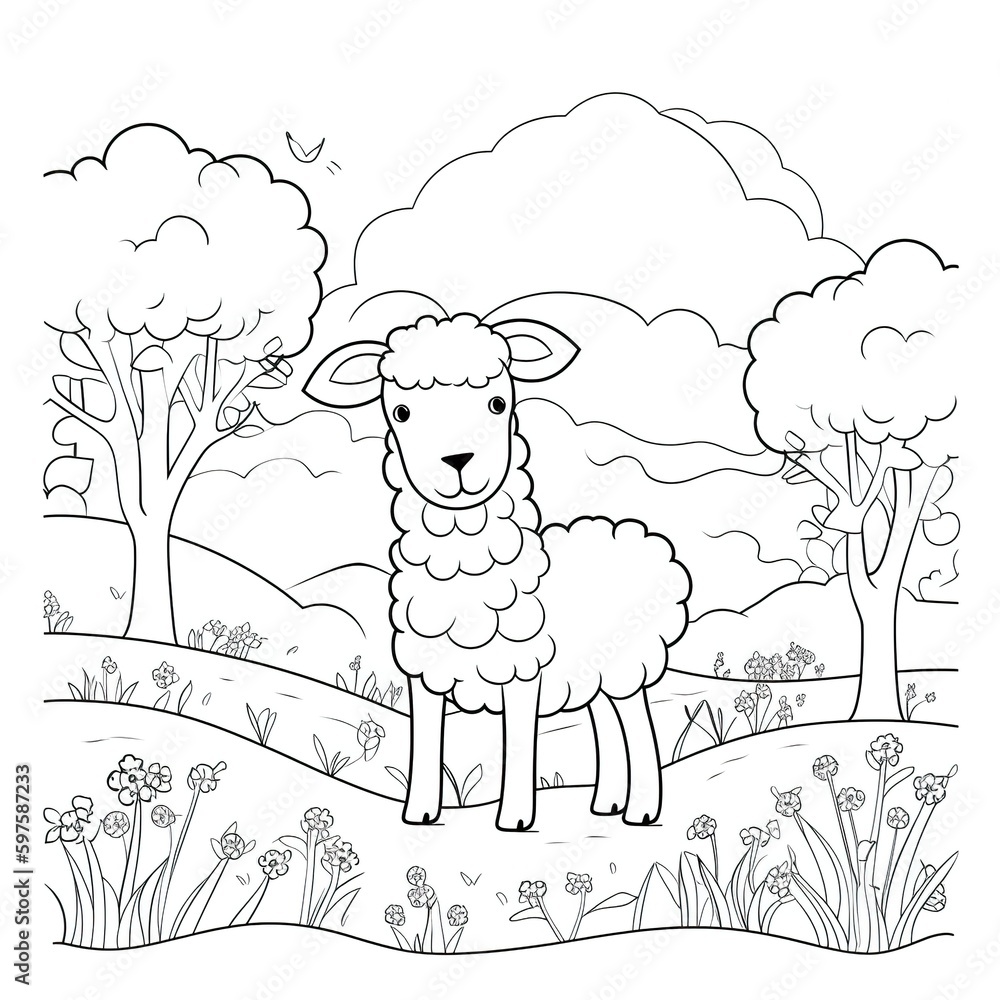 Kids coloring page of a sheep in the meadow that is blank and ...