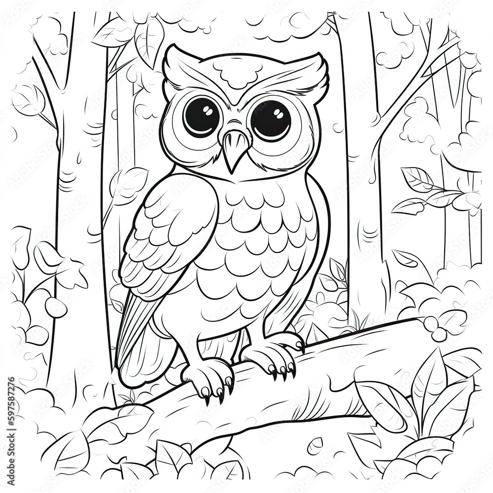 Kids coloring page of an owl in the forest that is blank and ...