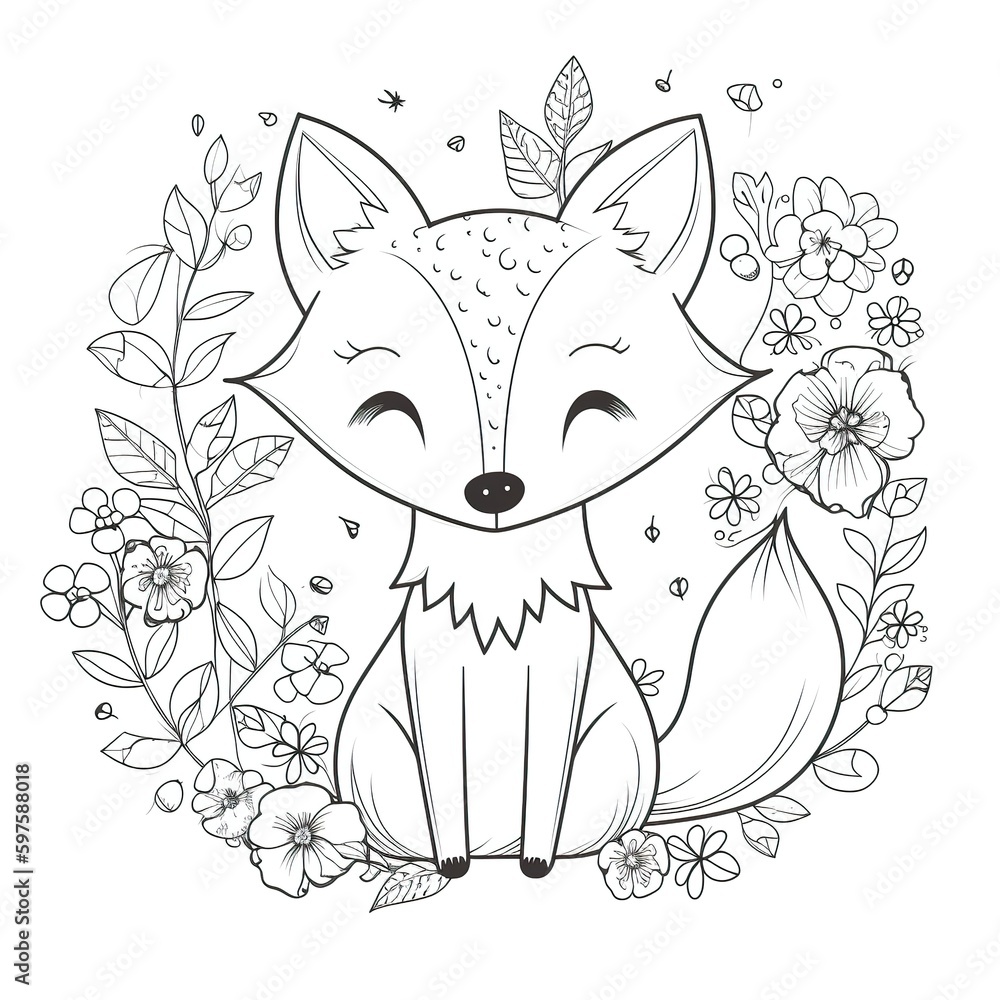 Kids coloring page of a happy fox with flowers that is blank and ...