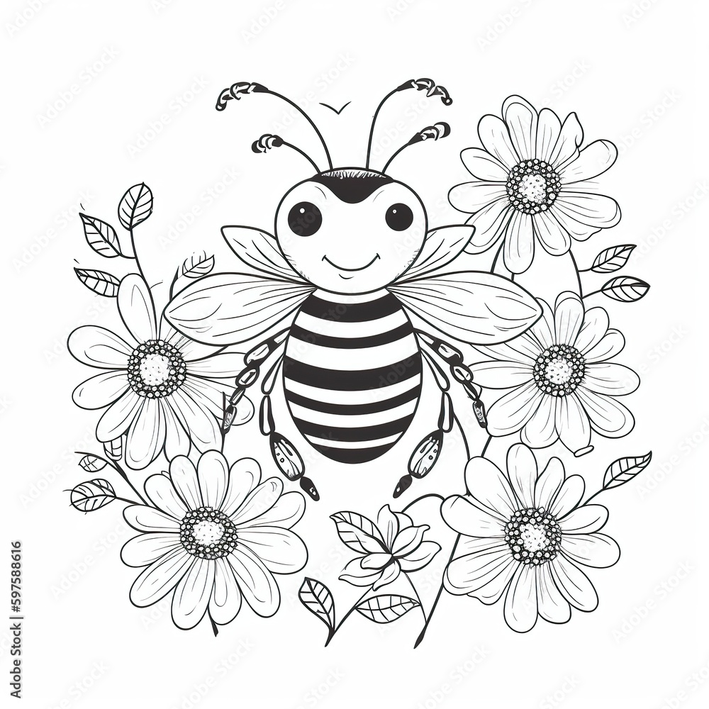 Kids coloring page of a happy bee with flowers that is blank and ...