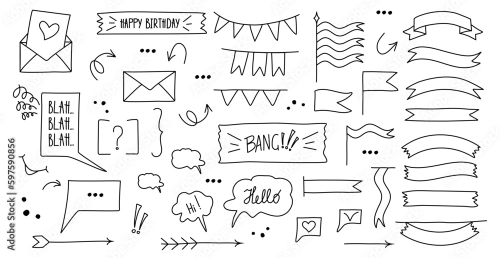 Set of doodle illustration Flags, ribbons, speech bubbles, arrows ...