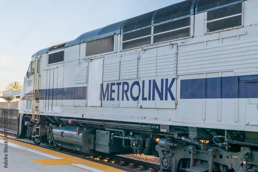 Corona, CA USA - August 31, 2018: Metrolink commuter North Main train ...