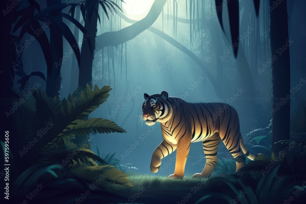 3D cartoon fierce tiger prowling through a misty jungle at night with ...
