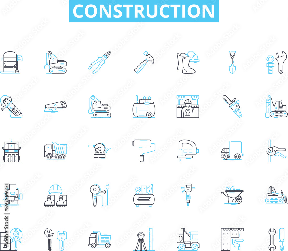 Construction linear icons set. Renovation, Framing, Roofing, Pouring ...