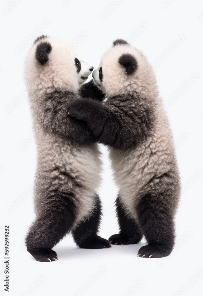 Two cute funny baby panda dancing isolated. Happy fuzzy panda cub for ...