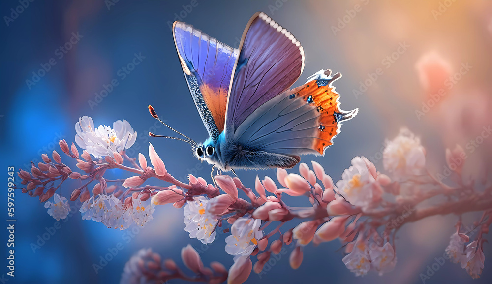 Sakura branch. Spring landscape. Butterfly on sakura. Sun rays ...