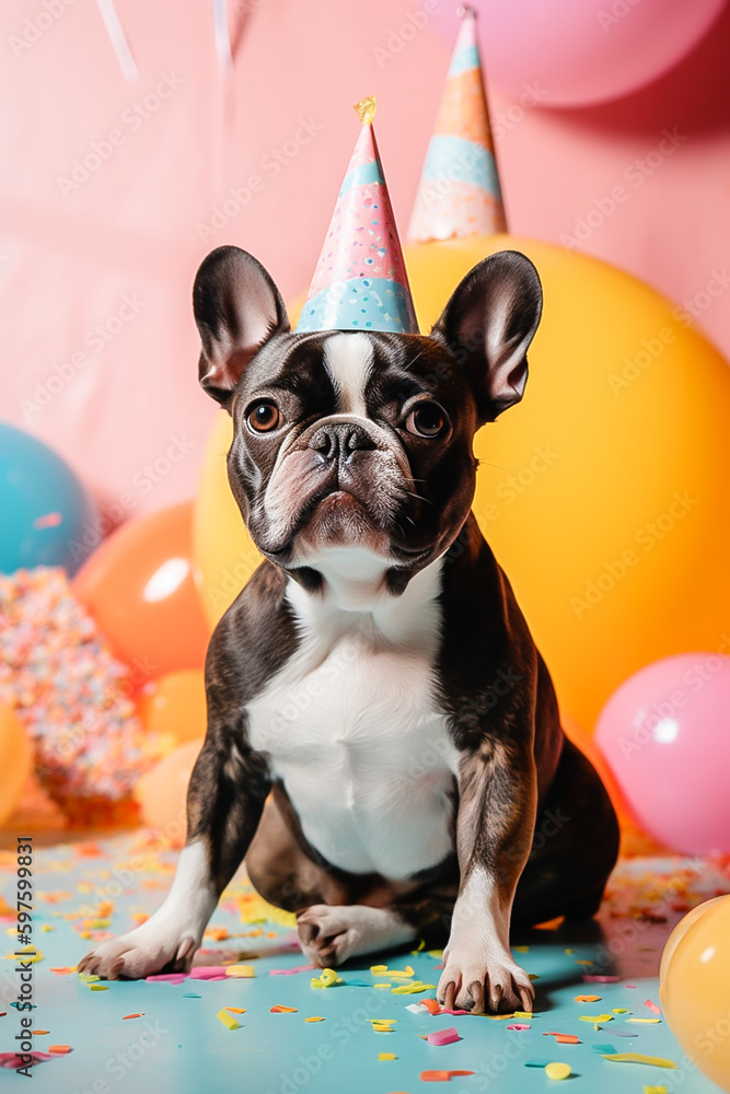 dog at a birthday party, studio, pastel colors, text space, image ...
