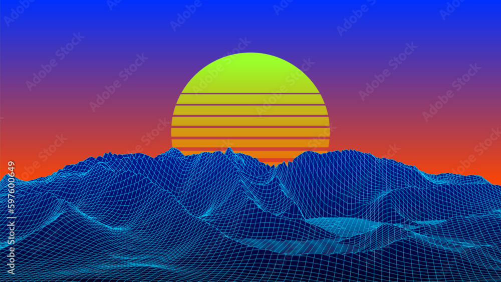 Futuristic 3d retro landscape with night sky, sunset on horizon ...