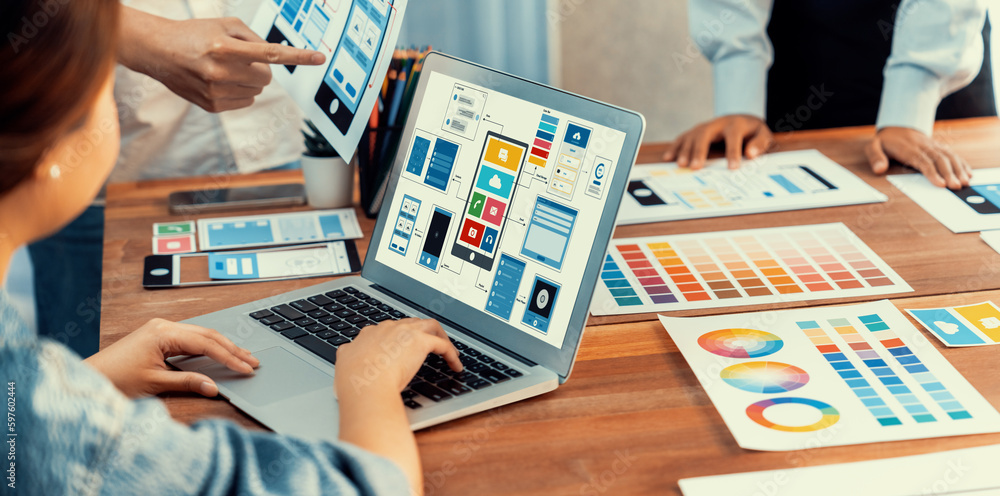 Panorama shot of front-end developer team brainstorming UI and UX ...