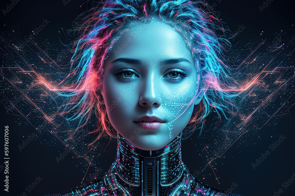 Android in matrix space. Artificial intelligence in a female form. Generative AI. Stock ...