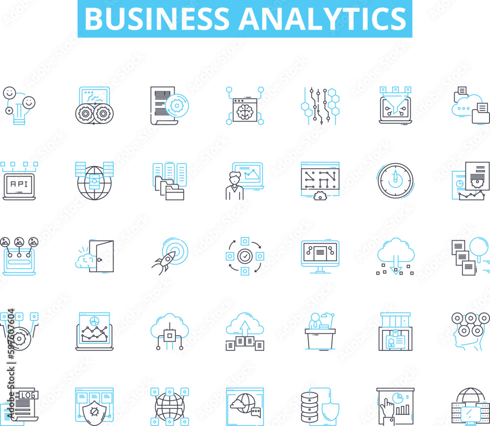 Business analytics linear icons set. Data-driven, Insights, Intelligence, Metrics, Analysis ...