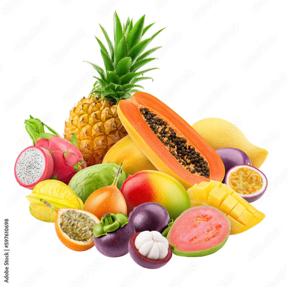 tropical fruits, pineapple, papaya, mangosteen, dragon fruit ...