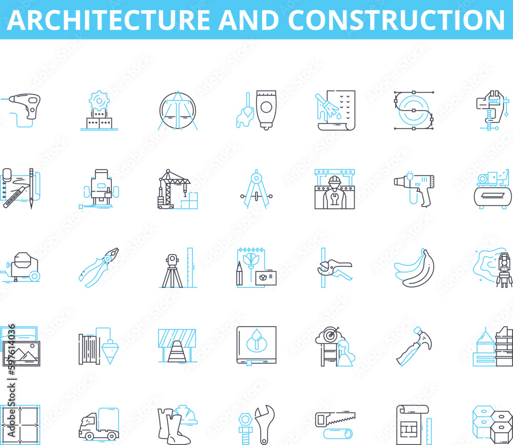 Architecture and construction linear icons set. Blueprint, Foundation ...