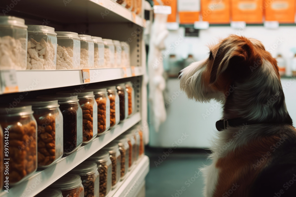 Cute dog in a pet store looking and choosing its own food. Generative ...