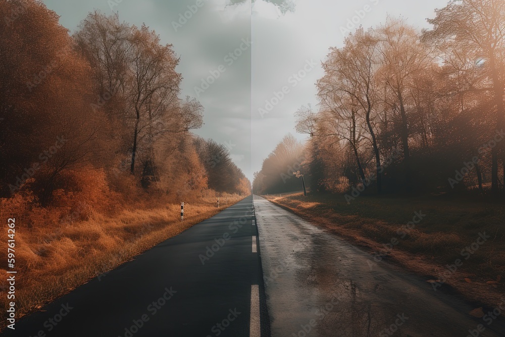A stunning wallpaper of a road that splits in two time zones, leading ...