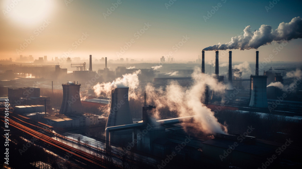 industrial landscape with smokestacks and factories emitting carbon ...