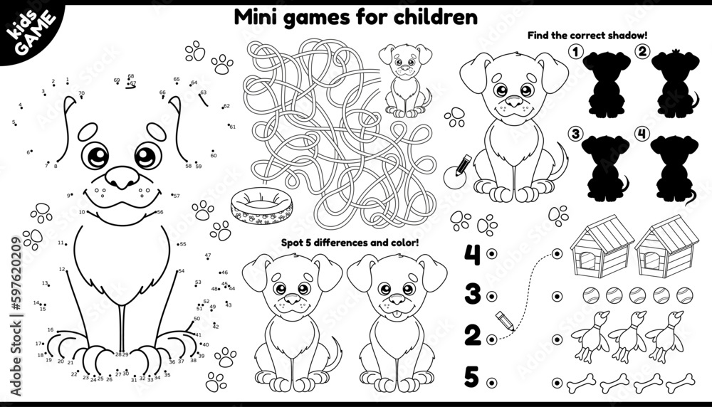 Vector dog placement for children. Set of outline kids games with ...