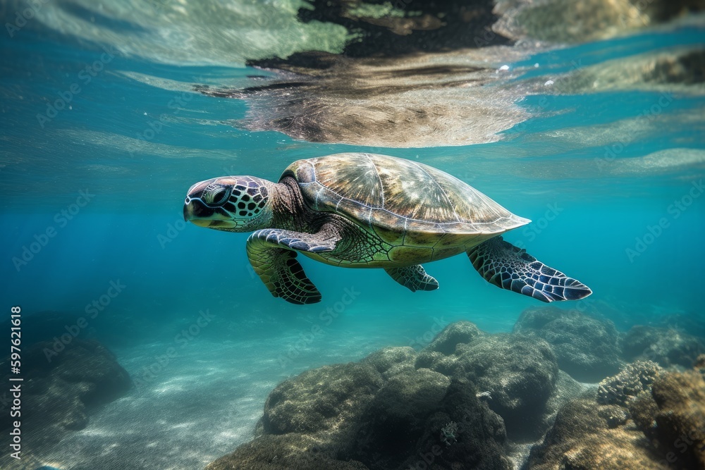 Underwater swimming sea turtle igital illustration in a photographic ...