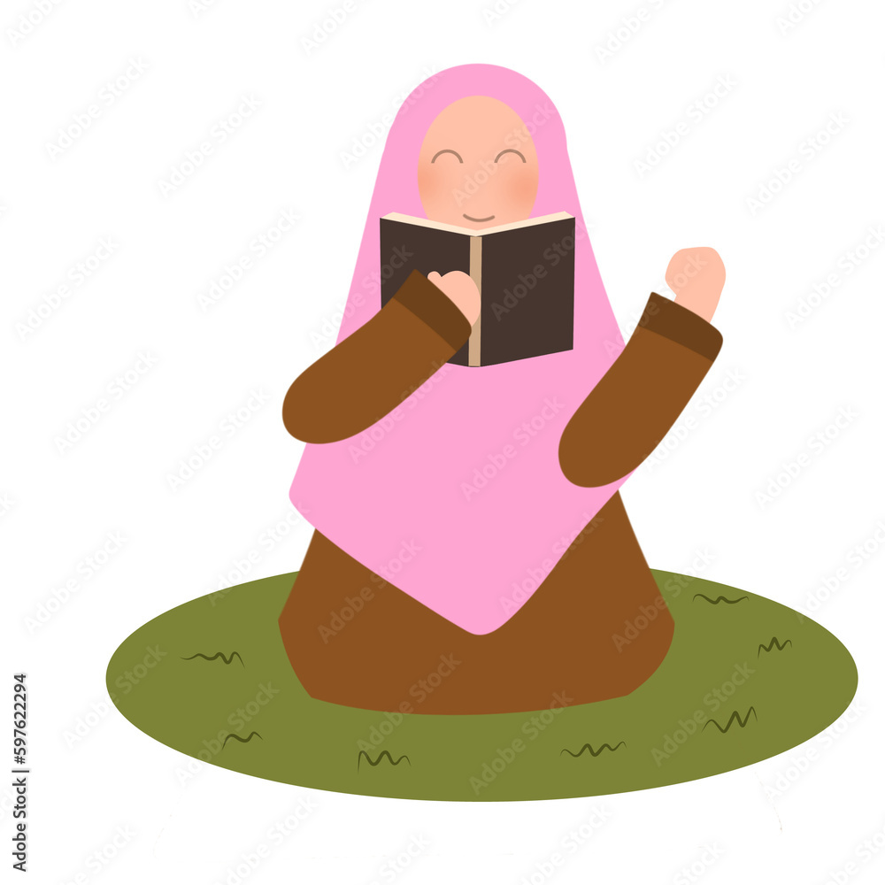 Cartoon teacher.muslim teacher.hijab woman.woman character reading book ...