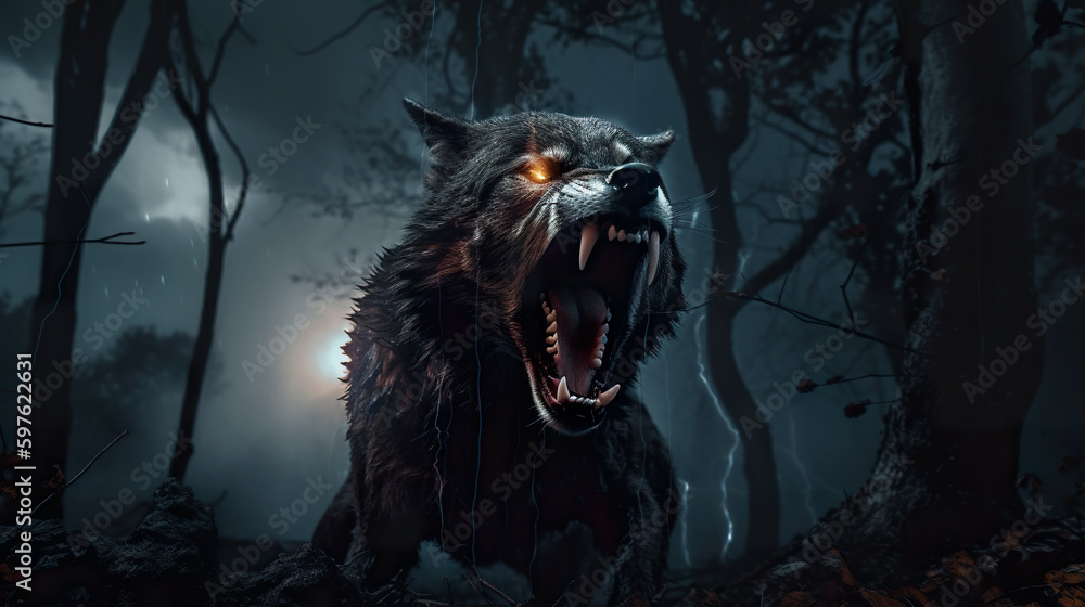 Angry wolf with its mouth open in the woods. AI generative image Stock ...