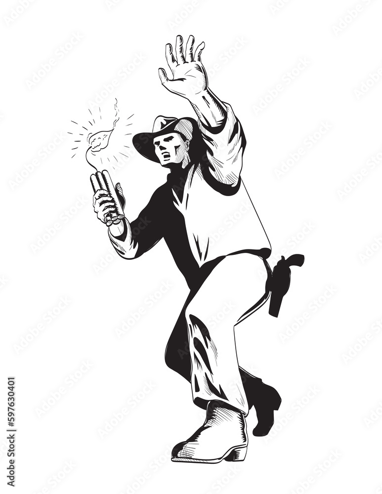 Comics style drawing or illustration of a cowboy throwing a bunch of ...