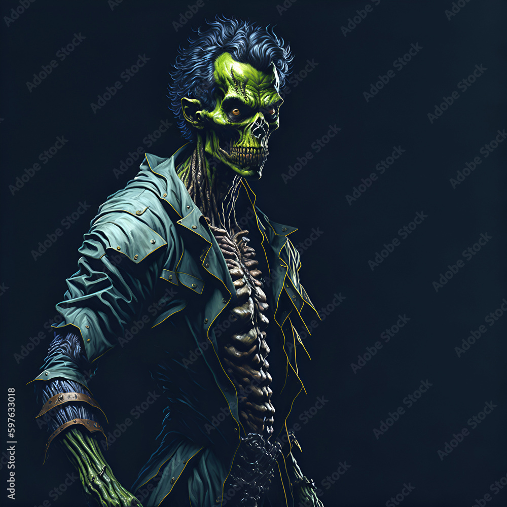 Drawing of a scary zombie, drawn in a cartoon apocalyptic style. The ...