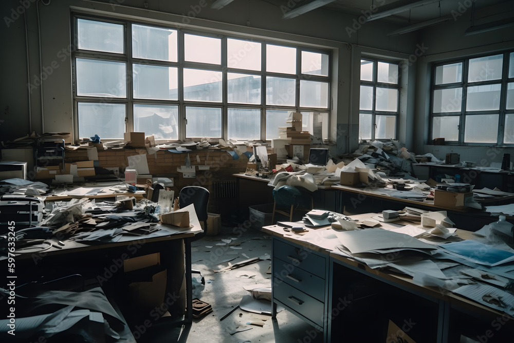 Messy abandoned office after company shut down: the desk is cluttered ...