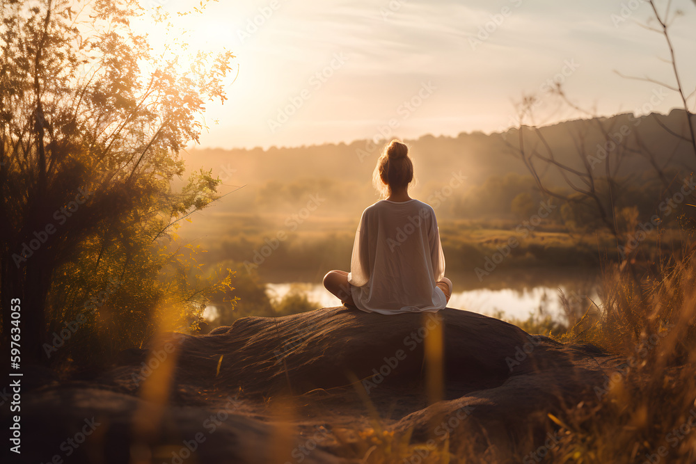 person meditating in nature with an emphasis on tranquility ...