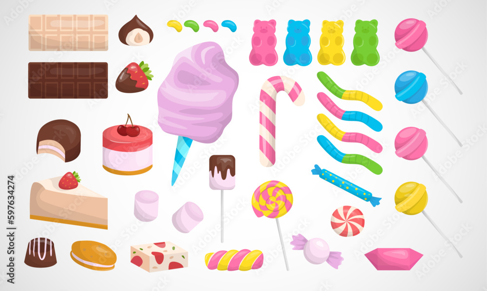 Set of sweets, candies, sugar, cotton candy, candy, gummies, chocolate ...