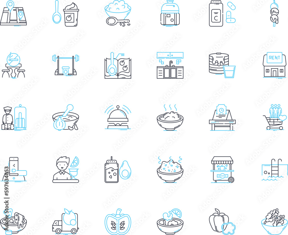 Buffet meals linear icons set. Feast, Spread, All-you-can-eat ...