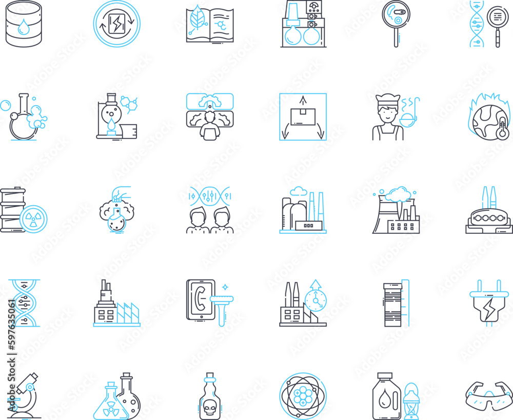 Chemical processing linear icons set. Synthesis, Reactor, Distillation ...