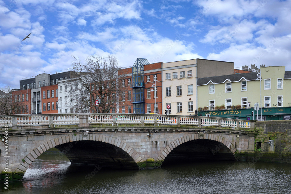 Old stone bridge across the River Liffey, builit in 1818, at the spot ...