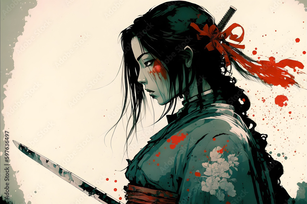 Female samurai warrior splash watercolor art. Stock Illustration ...