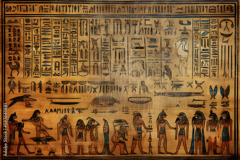 Ancient Egyptian drawings and hieroglyphs on the wall in the temple ...