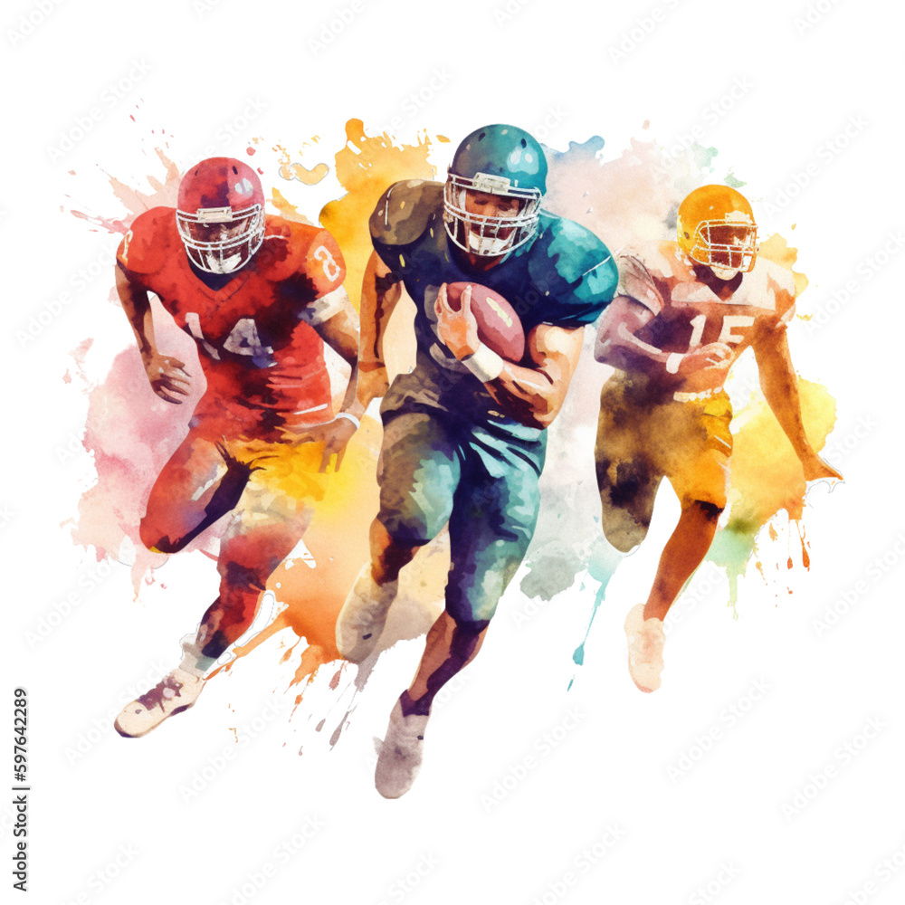3 American Football Player with Ball, Vibrant Watercolor, Clipart ...